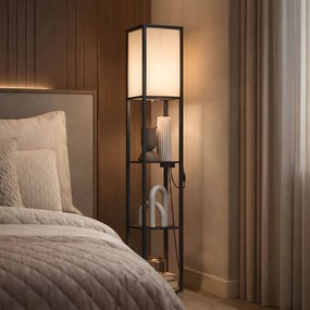 HOMCOM LED stojací lampa s policemi, stmívatelná, řetězový vypínač a zásuvky, černá