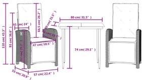 3dílný bistro set s poduškami šedý polyratan