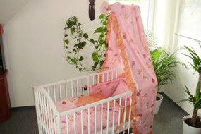 Dětský komplet do postýlky Baby růžová: Postýlkový chránič: ( 30 x 155 cm) + mašle ( 27 cm) + nebesa ( 160 x 142 cm)., český výrobce Tibex