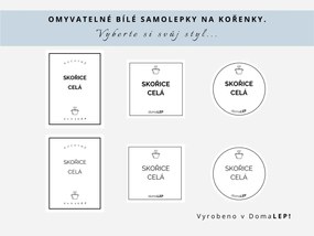 SKOŘICE CELÁ - omyvatelná samolepka na kořenky, výběr rozměrů Ø 5 cm / 5 x 5 cm / 6 x 8 cm | DomaLEP tvar: OBDÉLNÍK, barva: BÍLÁ - ČERNÉ písmo, velikost: š. 6 cm x v. 8 cm - tučné písmo