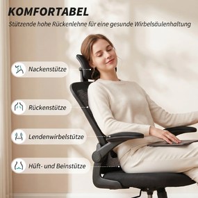 HOMCOM Otočná kancelářská židle s prodyšnou síťovinou, nastavitelná výška, nastavitelné opěrky hlavy a bederní opěrka, polohovatelná kancelářská židl…