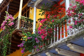 DIMEX | Samolepicí vliesová fototapeta na zeď Balkon s květinami MA-5-0789 | 375 x 250 cm | zelená, vícebarevná, růžová
