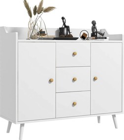 HOMCOM Moderní Komoda do Obývacího Pokoje s 2 Dveřmi a 3 Zásuvkami a Nohy z Borovicového Dřeva pro Jídelnu, Chodbu, Ložnici 90x32x80 cm Bílá | Aosom