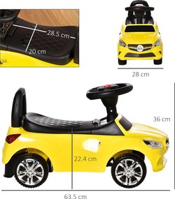 HOMCOM Dětské odrážedlo s volantem, světly a integrovanou hudbou, auto pro děti z PP a kovu, 63,5x28x36 cm, žluté
