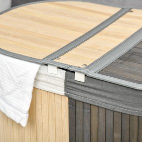HOMCOM Koš na prádlo z bambusu s kapacitou 100L a víkem, s odnímatelným pytlem se 2 přihrádkami 62,5x37x60,5 cm Šedý a přírodní