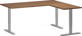 Rohový výškově nastavitelný stůl, 180x160 cm, 3 motory, L/P, šedá podnož, ořech