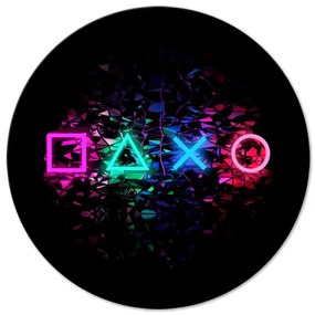 Kulatý obraz Symboly zábavy - neonová hráčská konzole na černém pozadí