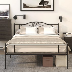 Kovový dvoulůžkový rám postele HOMCOM 145x211x106cm, s integrovanými latěmi a čelem, úložný prostor pod postelí, černý