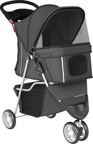 PawHut skládací kočárek pro malé psy s úložným košem, síťovými okny a držákem na nápoj — nosnost 10 kg, 77 × 44 × 102 cm, tmavě šedý