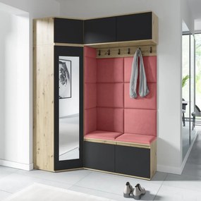 Eka Předsíňová stěna s čalouněnými panely Trinity 38 - Dub Artisan s černou / Tmavá růžová 2323