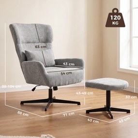 HOMCOM 360° otočné lounge křeslo s podnožkou, výškově nastavitelné, potah z chenille, s bederním polštářem, krémově bílé 83F-010V00GY