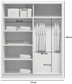 Prostorná šatní skříň se zrcadlem 175/245 HUGO - čokoláda / bílá