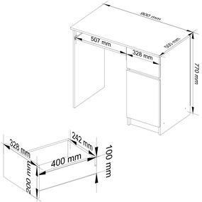 Psací stůl PIKSEL 90 cm grafitově šedý/dub artisan pravý