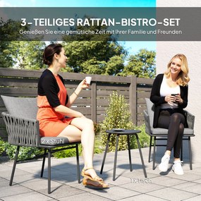 3dílná sada venkovního nábytku, 2 židle, 1 stůl, bistro set, umělý ratan, ocelový rám, kovový stůl, 4 polštáře, šedá barva