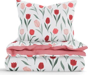 MK Lůžkoviny Prodloužené bavlněné povlečení Renforcé - Květy tulipánů červené 140 × 220 cm, 70 x 90 cm