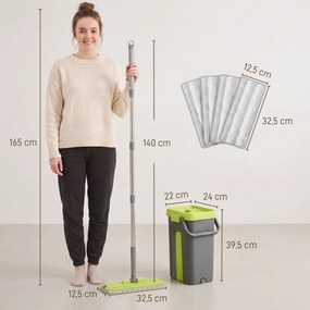 HOMCOM sada na mop a kyblík se ždímacím systémem, plochý mop, 2 komory, otočná hlava, mokré/suché, tmavě šedá