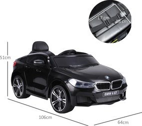 HOMCOM Elektrické auto BMW 6GT pro děti od 3 let, 6V bateriové vozidlo s dálkovým ovládáním, světly a zvuky, MP3 USB, nosnost 30 kg, 106x64x51 cm, če…
