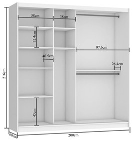 Šatní skříň 200 cm Belini bílý mat / dub sonoma s posuvnými dveřmi a zrcadlem  MSE SZP1/2/W/1DS1L/AL