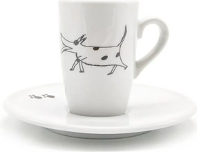 Porcelánový espresso šálek Běžící pes s podšálkem, 130 ml – ručně kreslená perokresba