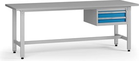 Výškově nastavitelný dílenský stůl G5, 2100 x 750 x 800-1000 mm, 1x kontejner, 2 zásuvky, modrá