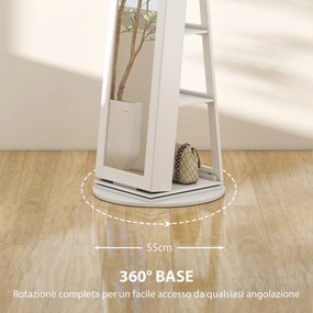HOMCOM 360° Rotující Šperkovnice se Zrcadlem, Šperkovnice se Zámkem, Celoplošné Zrcadlo se 3 Policemi na Zadní Straně a 2 Šuplíky, 55x55x161 cm, Bílá