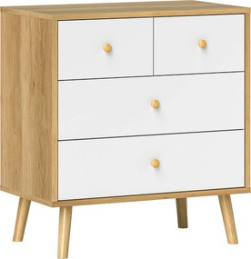 HOMCOM Komoda se 4 šuplíky pro ložnici s dřevěnými úchyty, úzká komoda do obývacího pokoje a chodby 60x35x65 cm dub a bílá | Aosom