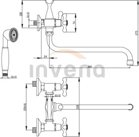 Invena Roma, vanová baterie s prodlouženou výlevkou 300mm as ruční sprchovou sadou, chromová, INV-BW-24-00S-L