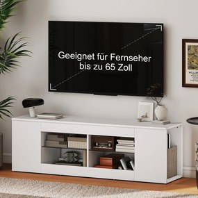 HOMCOM 140 cm TV stojan, televizní komoda, 6 přihrádek, 2 skleněné police, dřevotříska, bílá