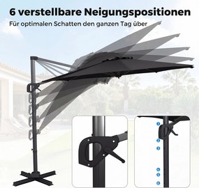 Costway Konzolový deštník Ø 300 cm 360° Otočný klikou a nožním pedálem, šedá