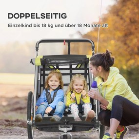 HOMCOM Dětský cyklistický přívěs 2 v 1 s odpružením, síťované dveře, přední kolo otočné o 360°, brzda, žlutá+černá, 142x75x101cm
