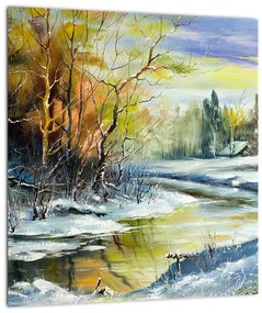 Obraz zimní řeky, olejomalba (30x30 cm)