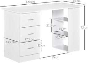 HOMCOM Stůl s úložným prostorem, Počítačový stůl 120 x 50 cm, Počítačový stůl se policemi a šuplíky, pro malé prostory, Ložnice, Bílý