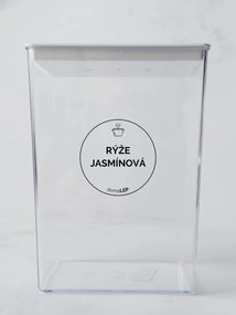 RÝŽE JASMÍNOVÁ – průhledná samolepka na dózu, tučnépísmo, 5 cm | DomaLEP