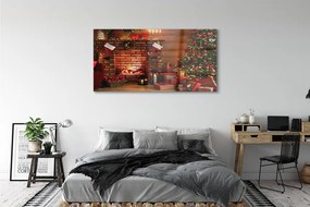 akrylový obraz Ozdoby na vánoční stromeček dárky ohniště 140x70 cm
