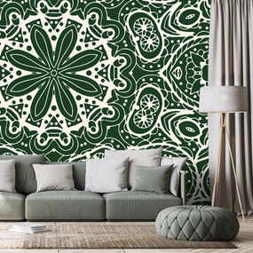 Samolepící tapeta bílá Mandala na zeleném pozadí - 300x200 cm