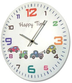 Dětské nástěnné hodiny v bílé barvě s motivem autíček HAPPY TIME