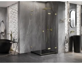 Mexen Lunar-F L, sklápěcí sprchový kout pravý 70 x 70 cm, 8mm čiré sklo, zlatý kartáčovaný - 836L-070-070-55-00-P