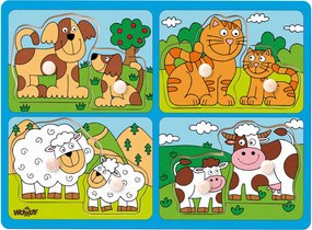 WOODY DŘEVO Baby puzzle mláďata s úchyty 4x2 dílky na desce pro miminko 91913