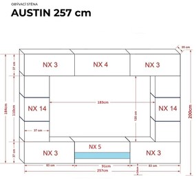 Ral Obývací stěna AUSTIN 1, 257 cm - Černý lesk