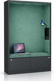 Kancelářská akustická kabina se sedátkem a USB-C portem, korpus antracitový / sedák zelený, 1150 mm: SALLY MentalBox