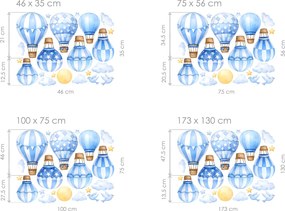 Akvarelové létající balóny modré samolepky na zeď arch 100 x 75 cm