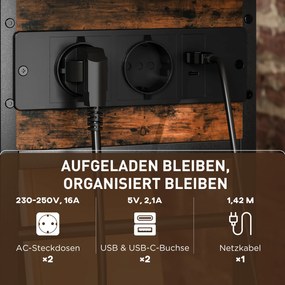 HOMCOM Odkládací stolek, noční stolek s elektrickou lištou, 2 patra, USB porty, úložný prostor 60 x 29,8 x 58,5 cm, rustikální hnědý