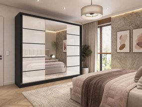 Šatní skříň 232 cm Belini černý mat / bílý lesk s posuvnými dveřmi zrcadlem a zásuvkami  MGB SZP8/0/B/2W1L/KLP