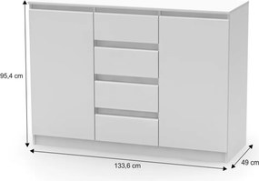 2 dveřová komoda se 4 šuplíky, bílá, HANY NEW 010