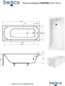 Besco CONTINEA 140 cm VANCONT140 vana bez nožiček