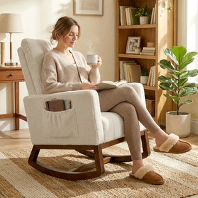 HOMCOM Houpací křeslo, polstrované houpací křeslo ze sněžného flanelu, bederní polštář, vysoké opěradlo, boční kapsy, Krémová