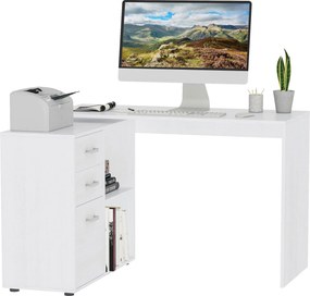 HOMCOM Bílý Moduární Rohový Rovný Stůl Jídelní Stůl 2 v 1 Počítačový Stůl 3 Šuplíky + 2 Polic MDF