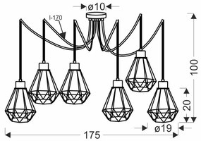 Černo-zlatý závěsný decentrální lustr Primo pro žárovku 6x E27