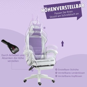 Vinsetto Herní židle ergonomická s podnožkou králičí uši 135° polohovací kancelářská židle nastavitelná výška bederní opěrka hlavy koženka fialová
