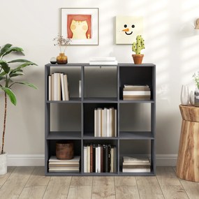 HOMCOM knihovna, třípatrový úložný regál s 9 přihrádkami, do obývacího pokoje, kanceláře nebo ložnice, 91 x 29,5 x 91 cm, šedá